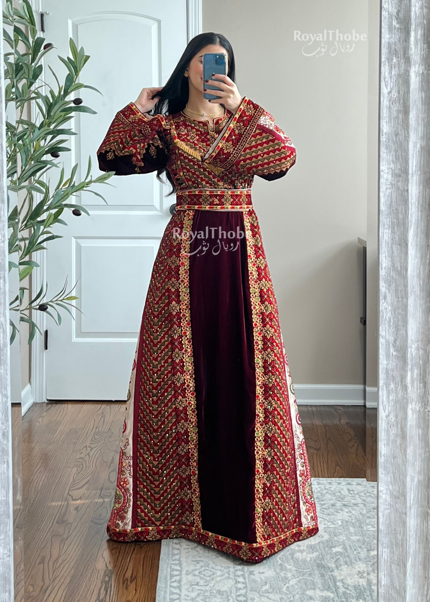 Velvet Burgundy Side Maleka Long Full Embroidered Thobe With Beige Rev