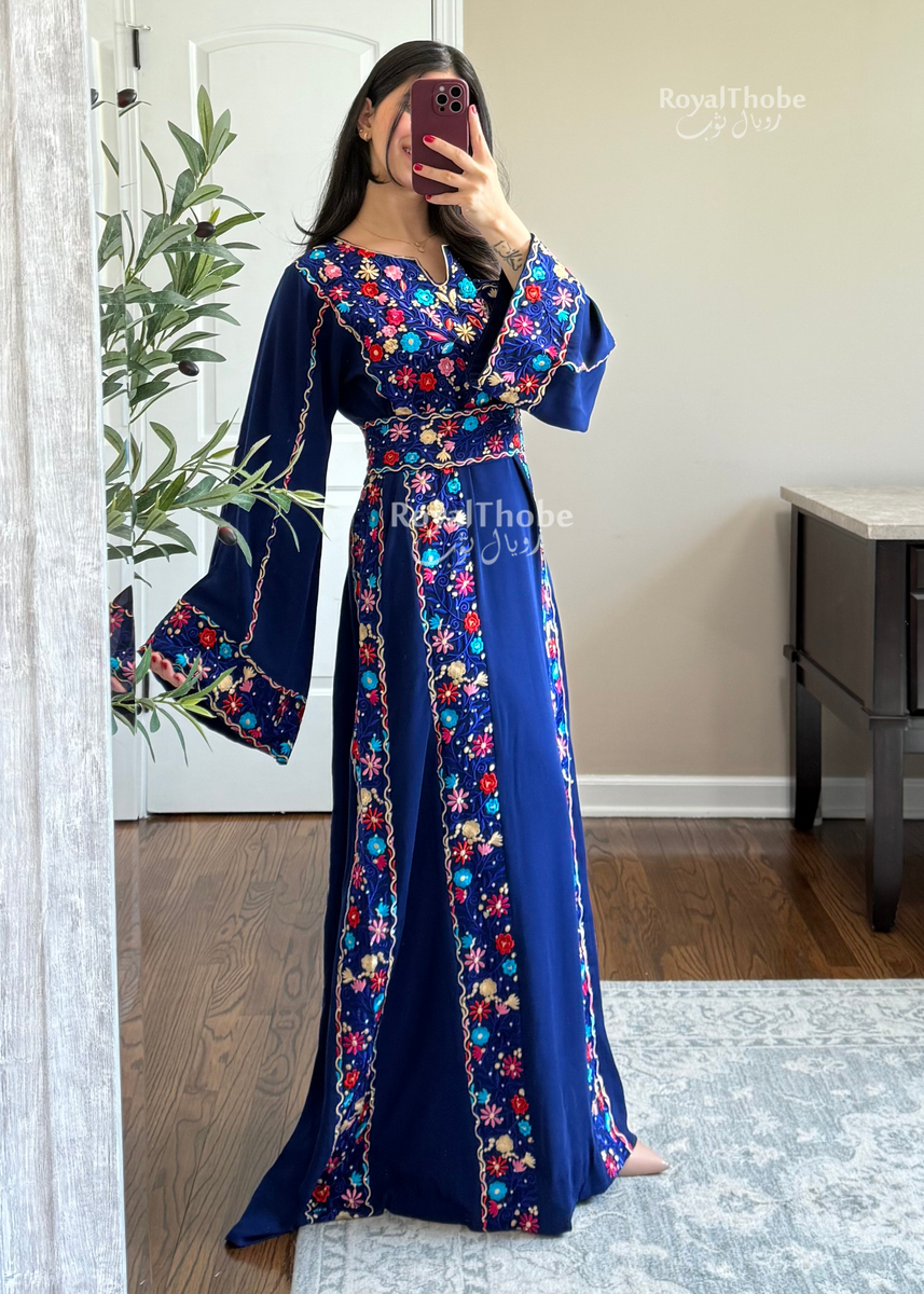 Royal Blue Elegant Floral Full Embroidered Thobe