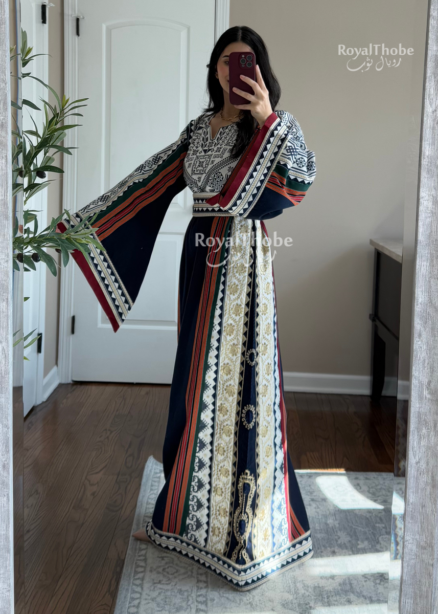 Navy Blue Maleka Majdlawe Long Full Embroidered Thobe