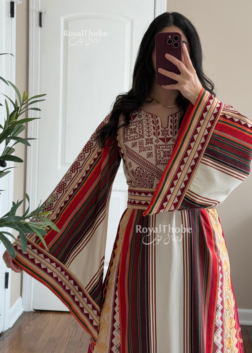 Beige/ Cream & Burgundy Maleka Majdlawe Long Full Embroidered Thobe