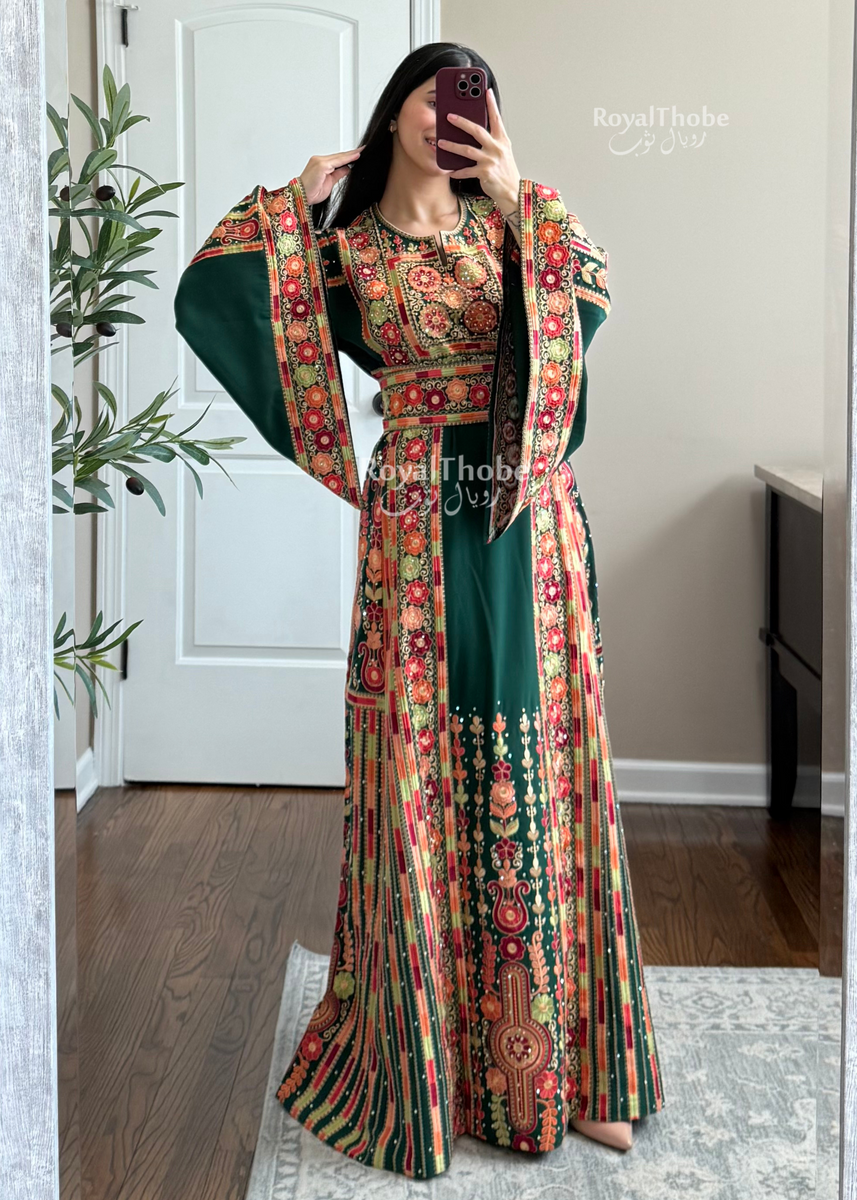 Olive Green Flare Flower Maleka Long Full Embroidered Thobe