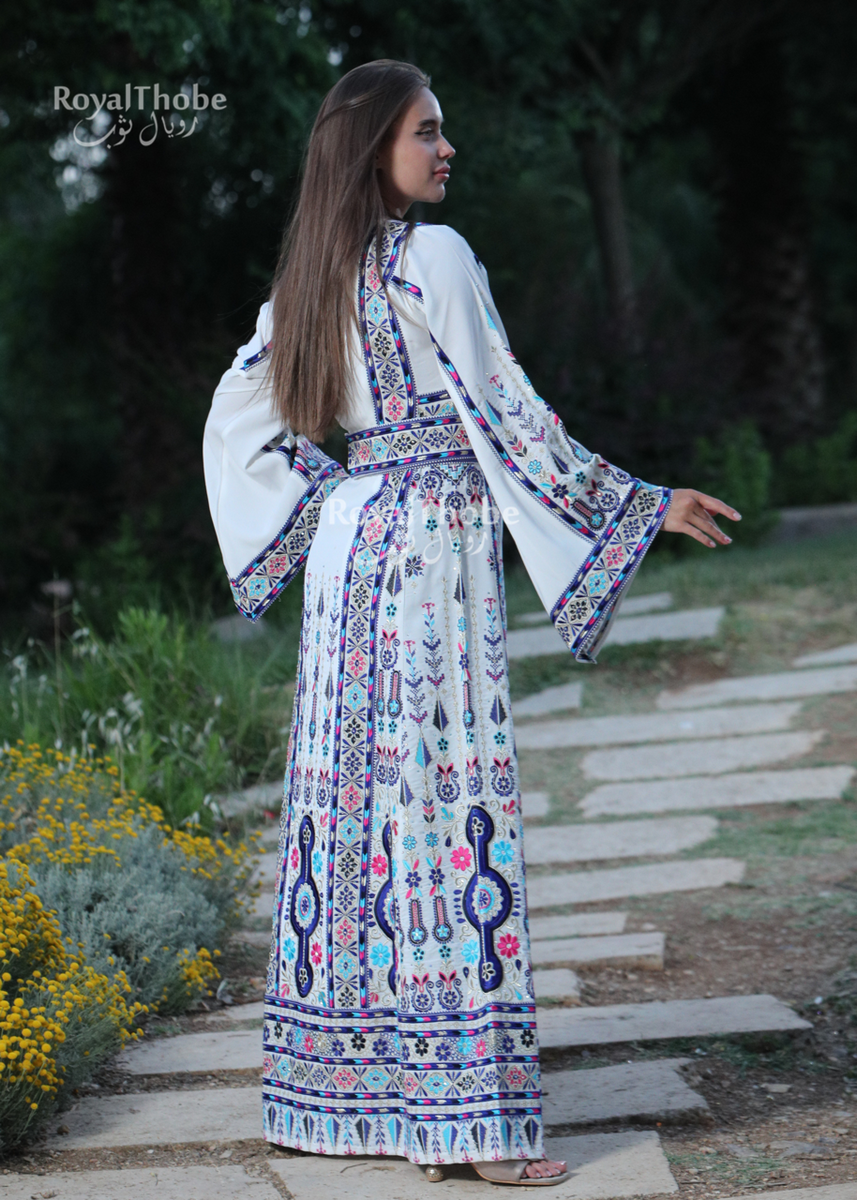 White/Blue And Black Flower Maleka Long Full Embroidered Thobe