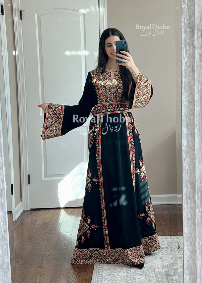 Black/Gold Simple Dimond Full Embroidered Thobe